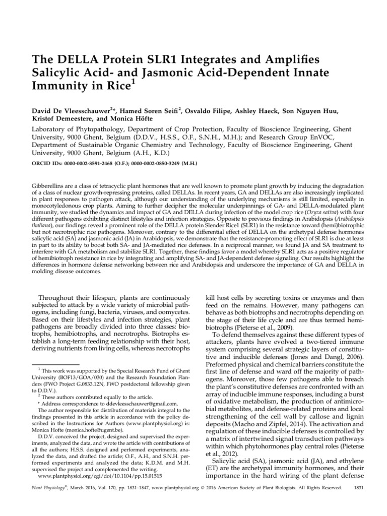 The DELLA Protein SLR1 Integrates and Amplifies Salicylic Acid - and ...