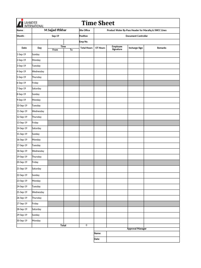 September 2019 Time Sheet for M. Sajjad | PDF