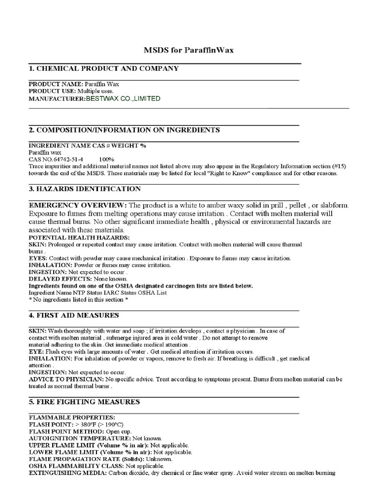 Msds Paraffin Wax | PDF