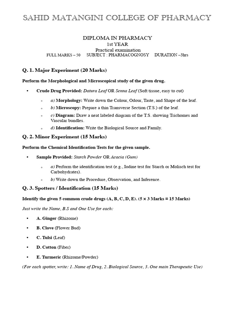 Diploma in Pharmacy: Pharmacognosy Exam Guide | PDF