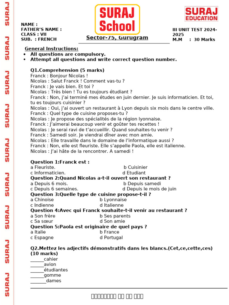 Examen de français pour la classe VII | PDF