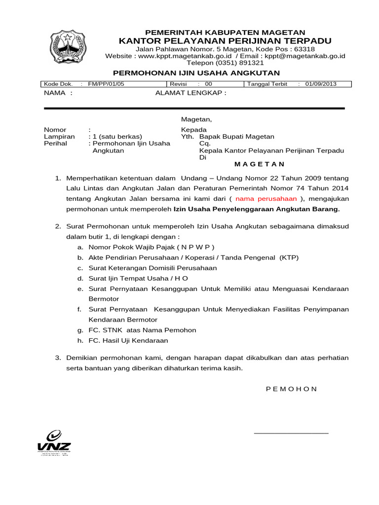 Formulir Ijin Usaha Angkutan | PDF