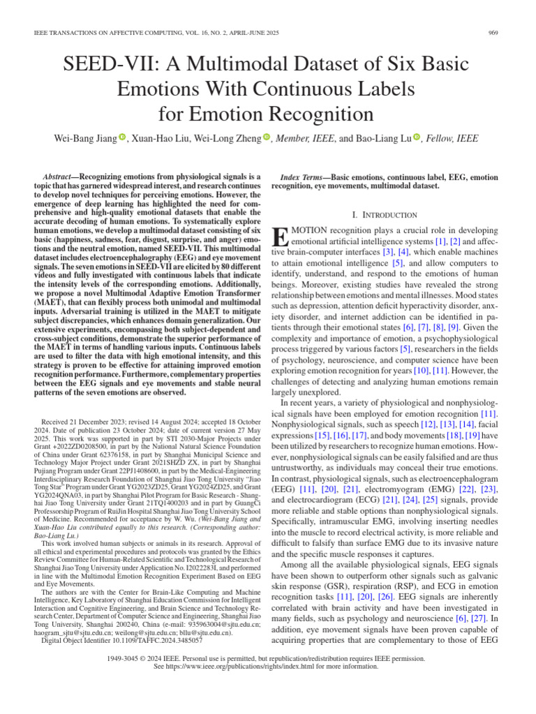SEED-VII: Multimodal Emotion Dataset | PDF | Emotions | Affect (Psychology)