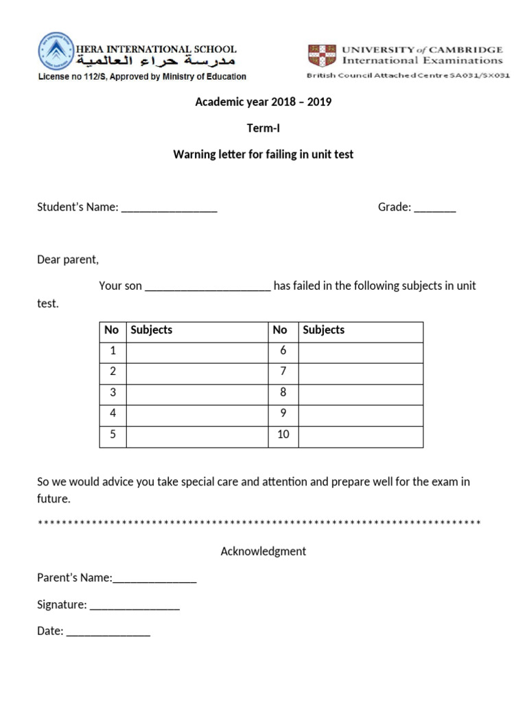 Warning Letter To Parent | PDF