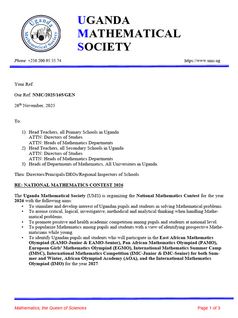 National Mathematics Contest 2026 Uganda | PDF | Payments