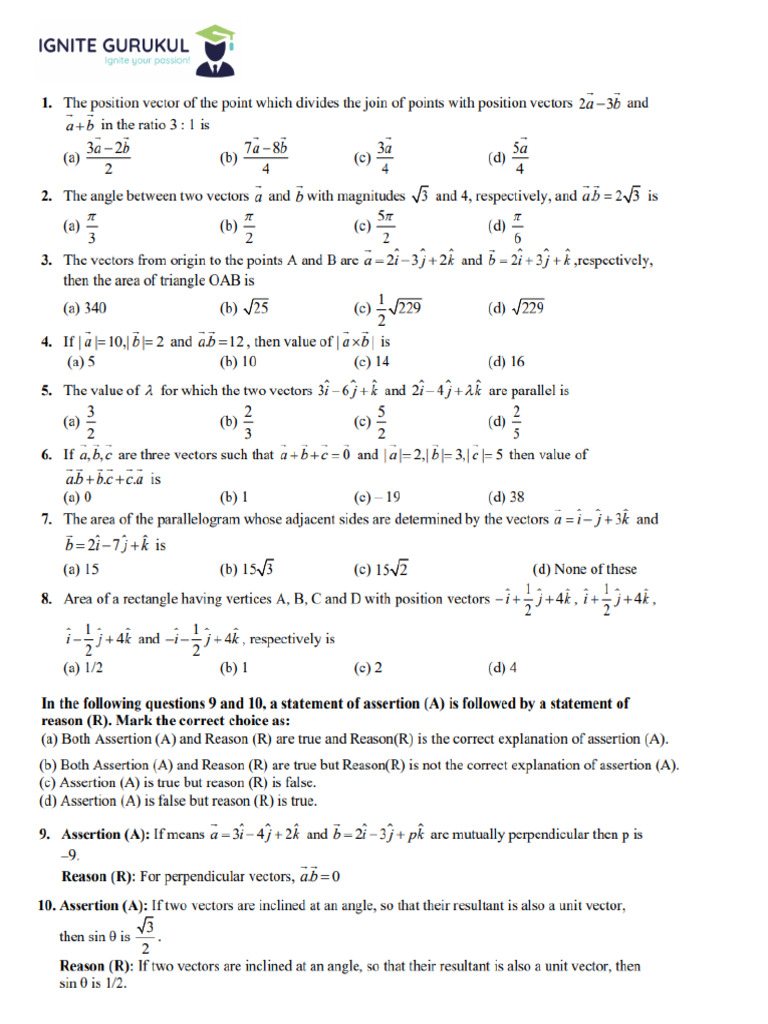 Practice Worksheet 1 - Vector Algebra and Inverse Trigonometric ...