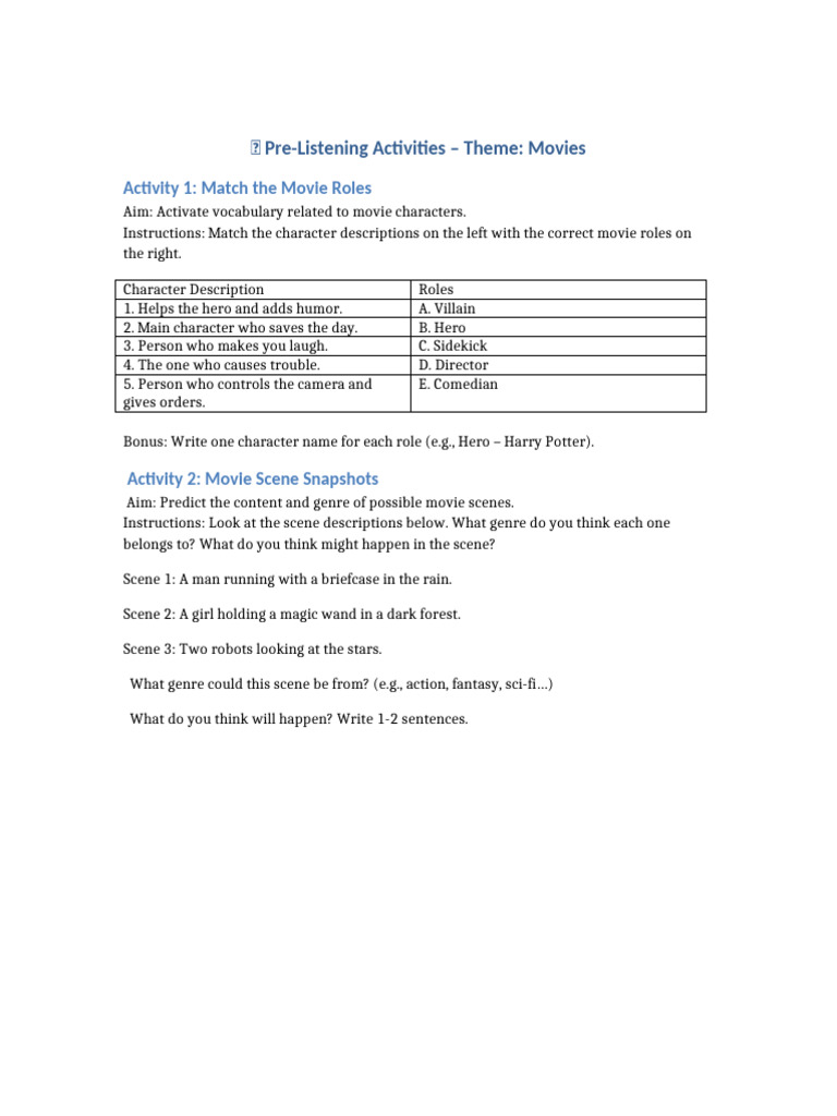 Pre-Listening Movies Activities | PDF