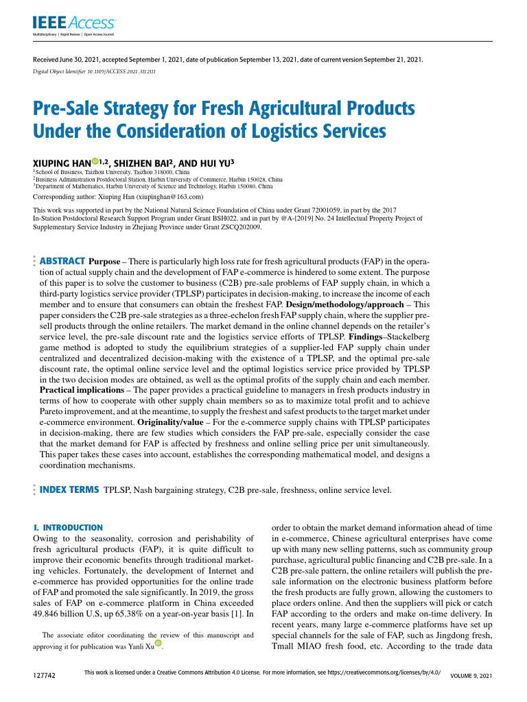 Pre-Sale Strategy For Fresh Agricultural Products Under The ...