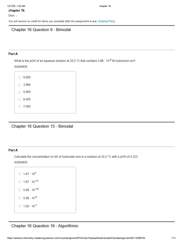 Chemistry Chapter 16 Assignment Questions | PDF | Acid | Ph