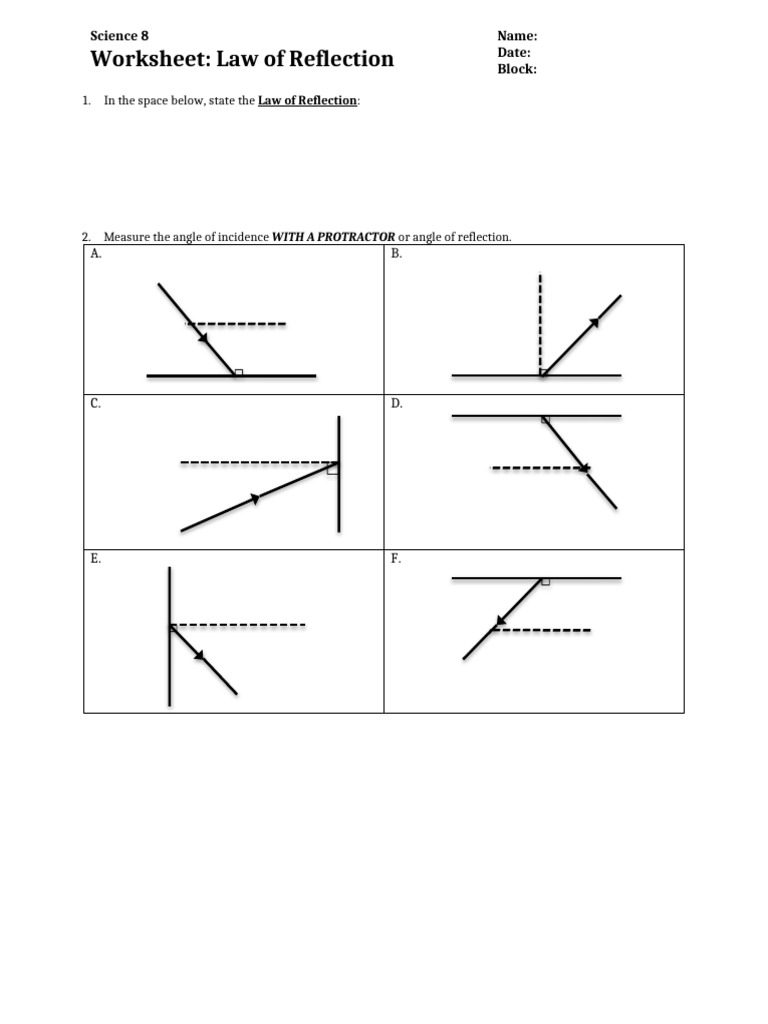Law of Reflection Worksheet for Science 8 | PDF