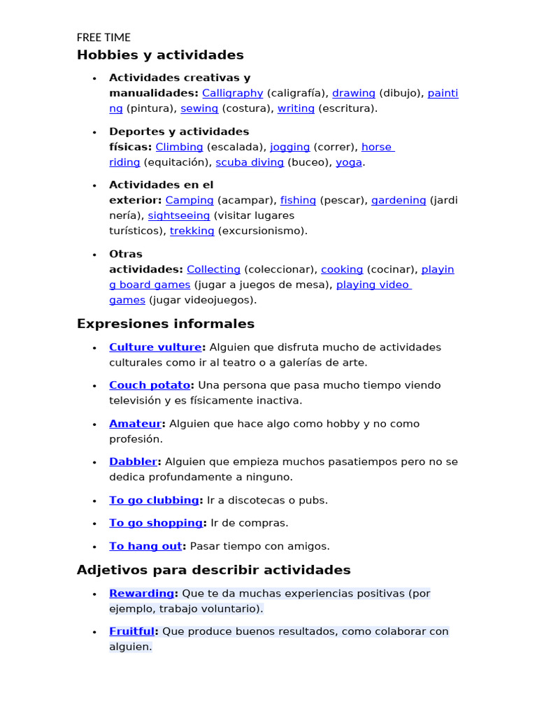 Actividades y Hobbies en Tiempo Libre | PDF