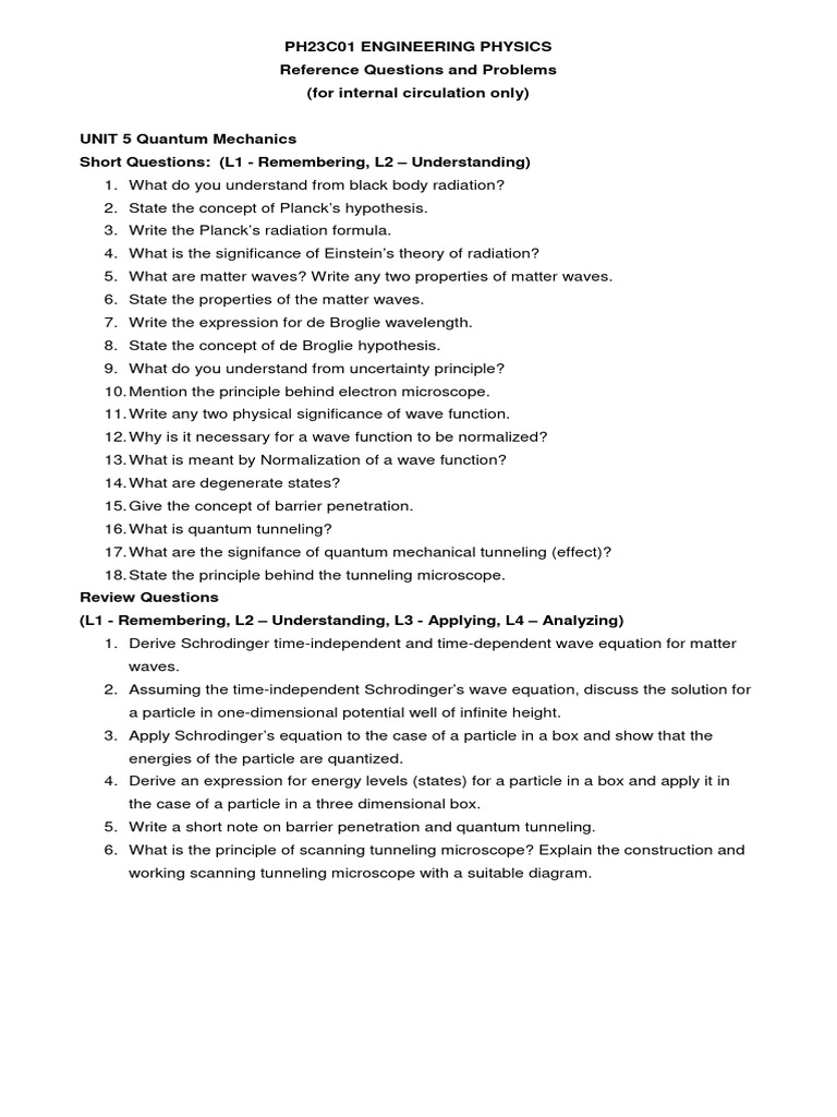 UNIT - V - PH23C01 - Reference Questions and Problems | PDF | Electron ...