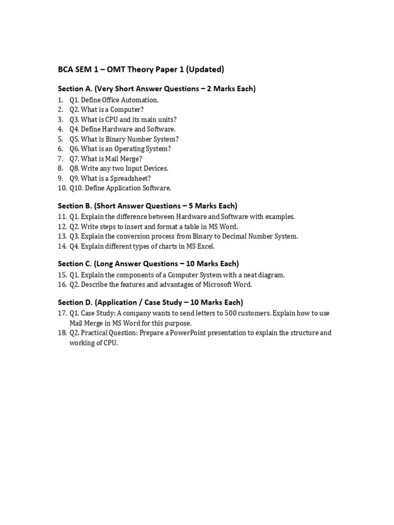 BCA Sem1 OMT 5 Papers With Fundamentals | PDF | Microsoft Excel ...