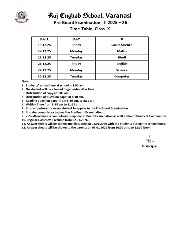 Raj English School Class X Pre-Board Timetable | PDF