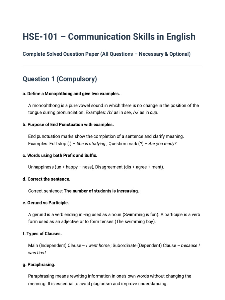 HSE-101 Communication Skills in English - Complete Solution | PDF ...