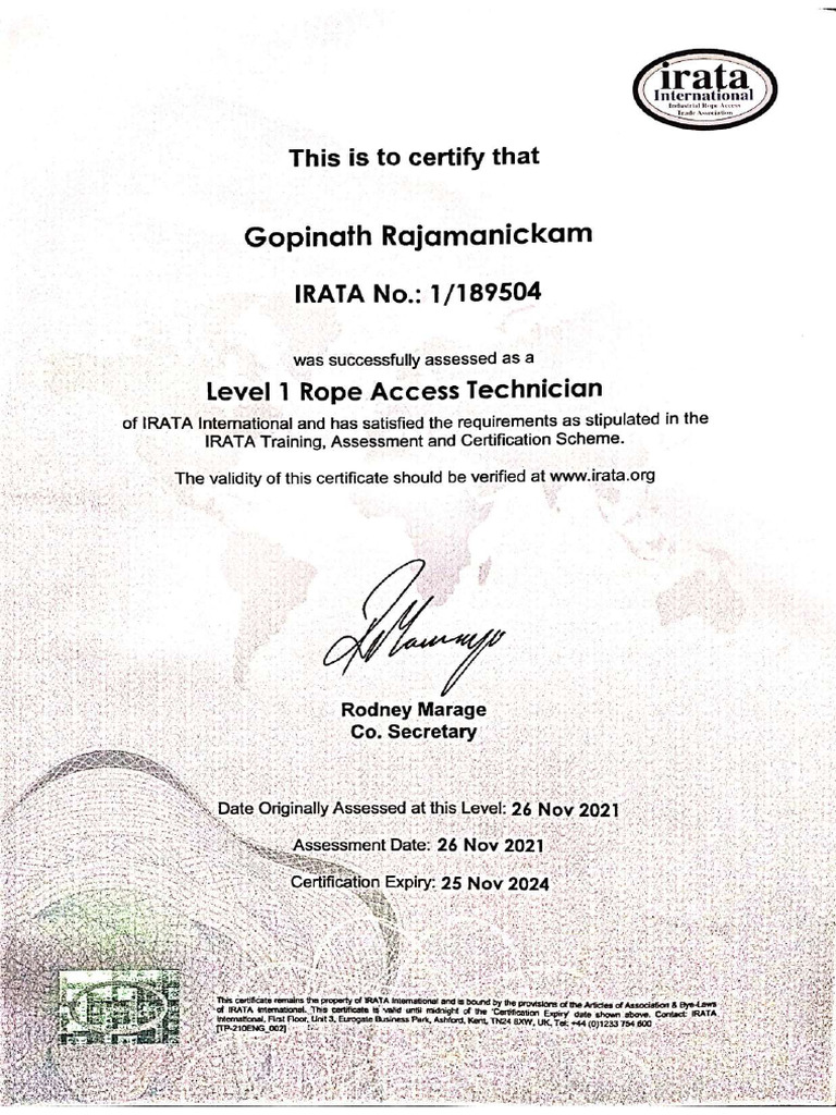 Rope Access Certificate | PDF