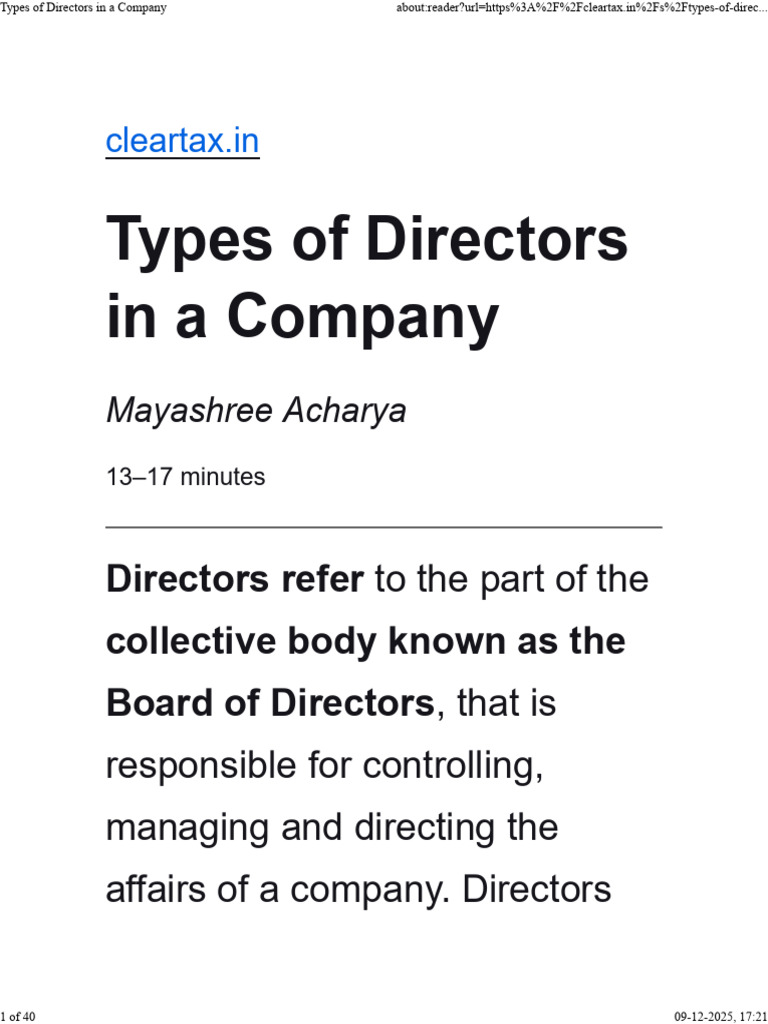 Types of Company Directors Explained | PDF | Legal Liability | Board Of ...