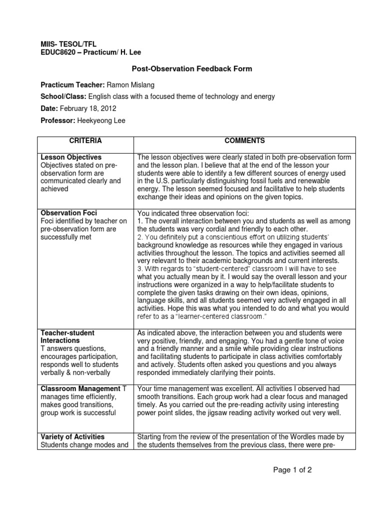 Post-Observation For Class On Technology and Energy | PDF | Reading ...