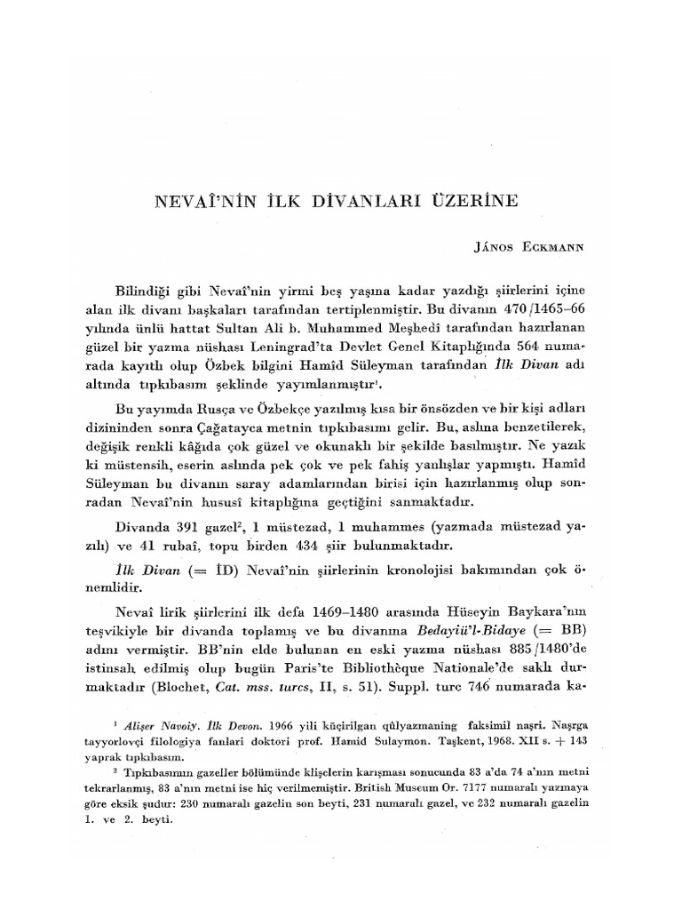 J. Eckmann - Nevaî'Nin İlk Divanları Üzerine | PDF