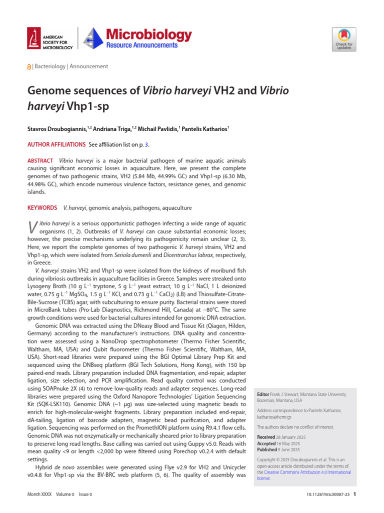 Genome Sequences of Vibrio Harveyi Vh2 and Vibrio Harveyi Vhp1 SP | PDF ...