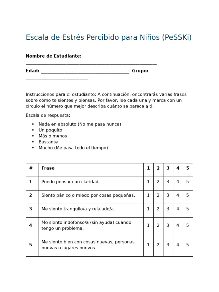 The Perceived Stress Scale For Kids (PeSSKi) Initial Development of A ...