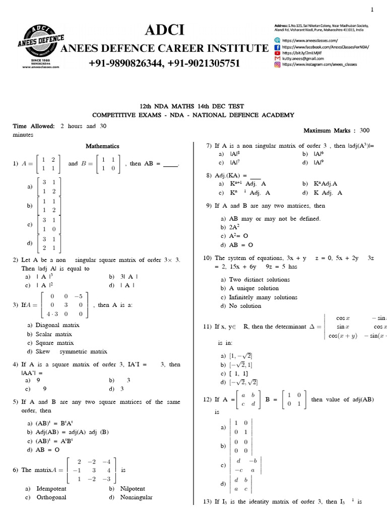 12th Nda Maths 14th Dec Test | PDF | Matrix (Mathematics) | Determinant