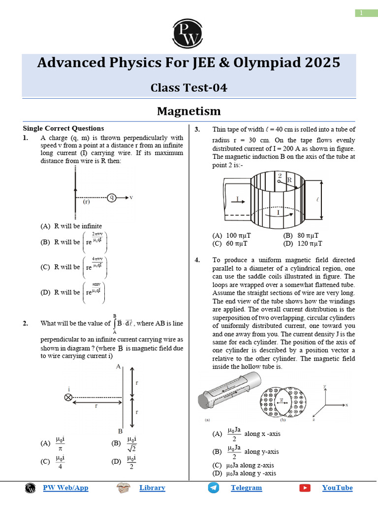 JEE & Olympiad Physics Test: Magnetism | PDF | Magnetic Field | Velocity