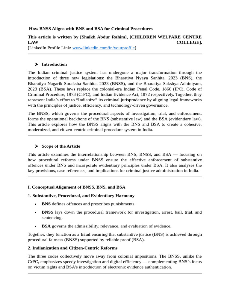 How BNSS Aligns With BNS and BSA For Criminal Procedures Task1 | PDF ...
