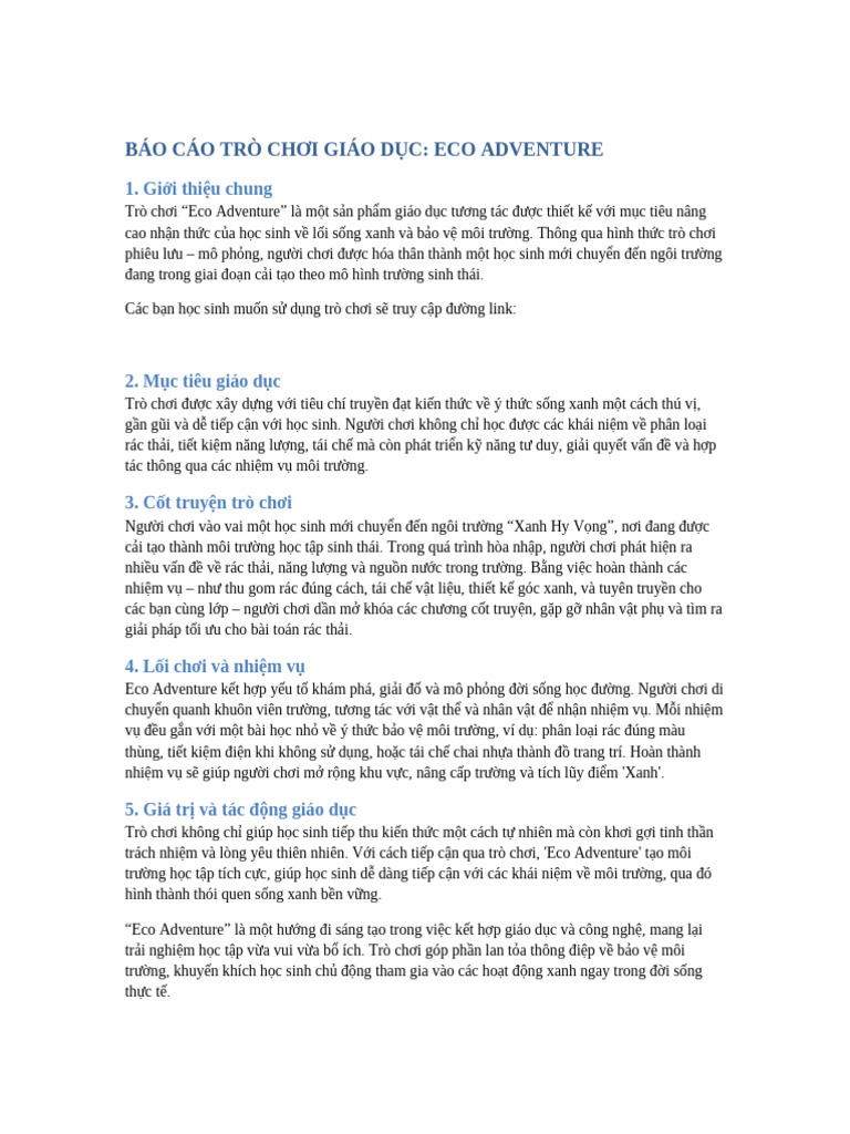 Bao Cao Tro Choi Eco Adventure | PDF