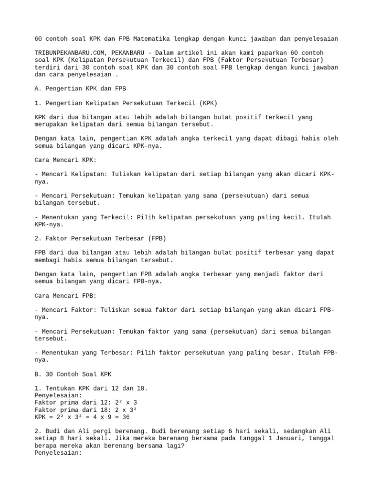 60 Contoh Soal KPK dan FPB Matematika | PDF
