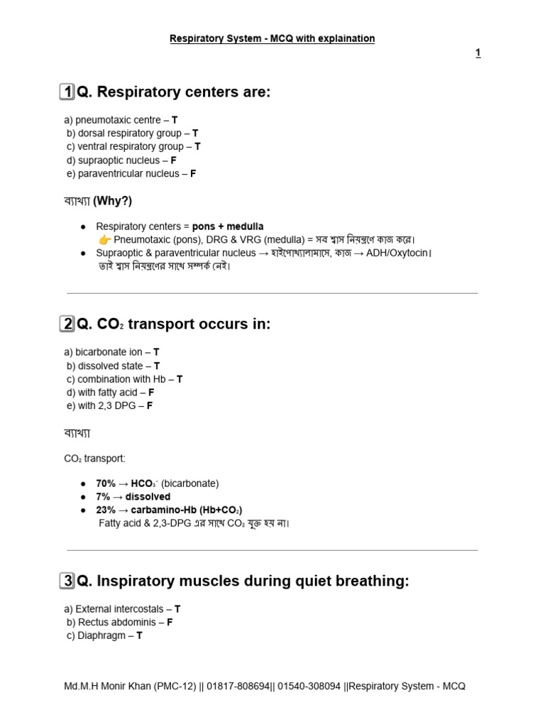 Respiratory System MCQs with Explanations | PDF | Respiratory System ...