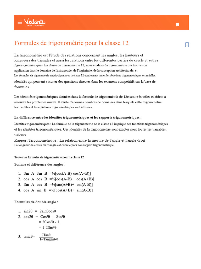 Formules de trigonométrie pour la classe 12 | PDF | Trigonométrie ...
