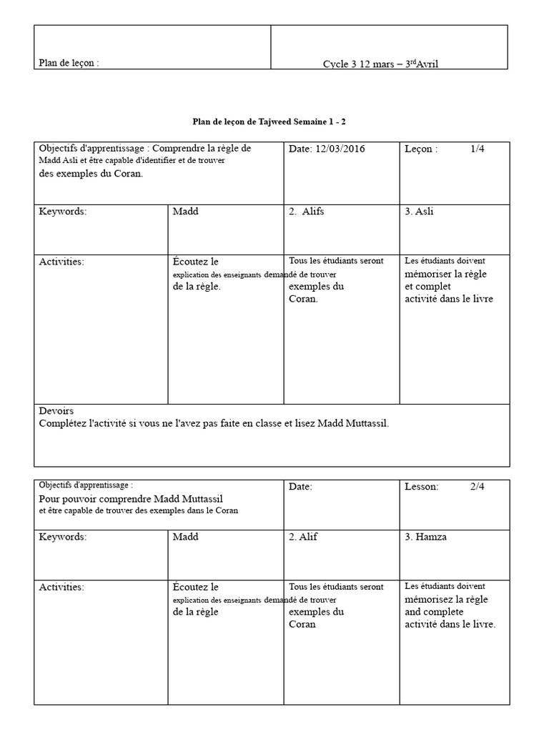 Plan de Leçon de 4 Semaines | PDF | Coran | Islam