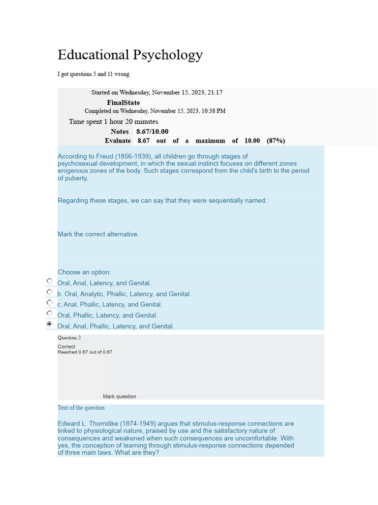 Educational Psychology Test | PDF | Learning | Unconscious Mind