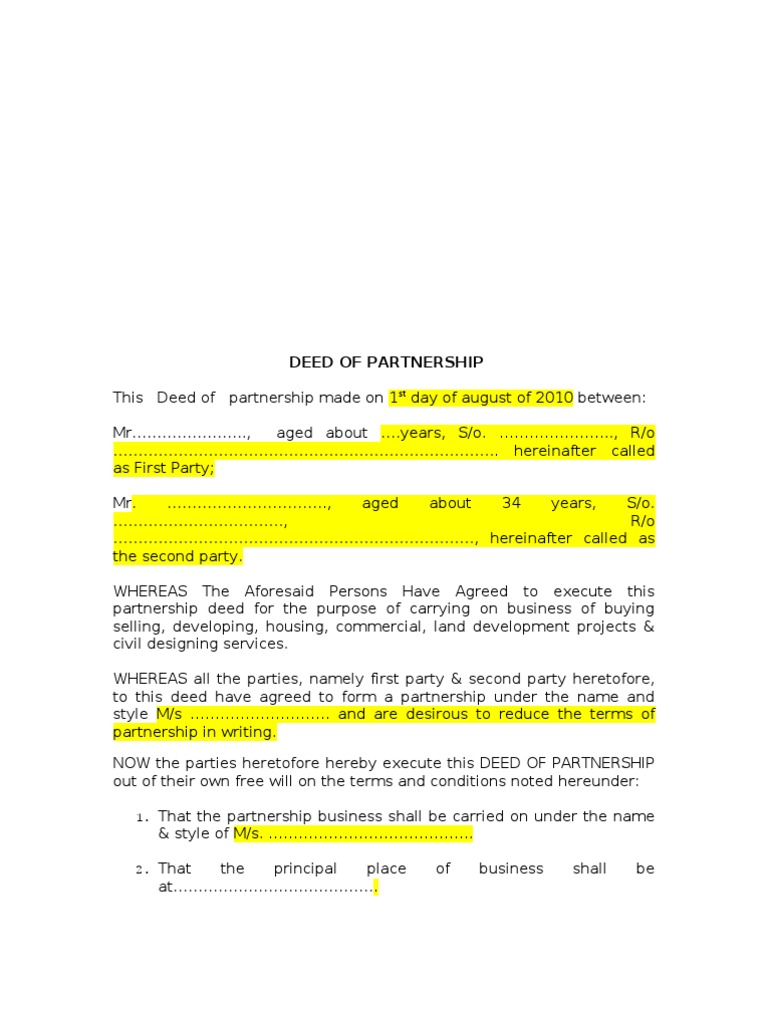 Partnership Deed | PDF | Partnership | Business Law