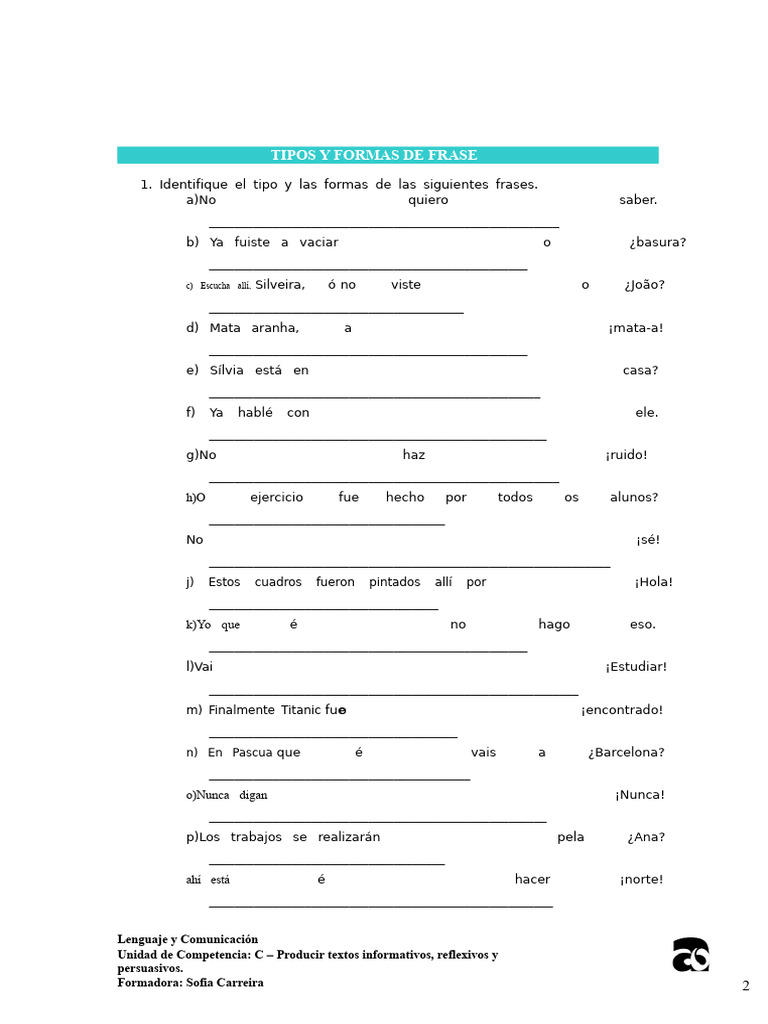 TIPOS Y FORMAS DE FRASE - ejercicios | PDF
