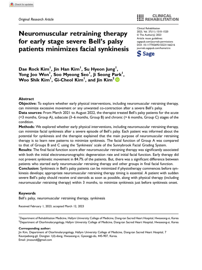 Neuromuscular Retraining Therapy For Early Stage Severe Bells Palsy ...