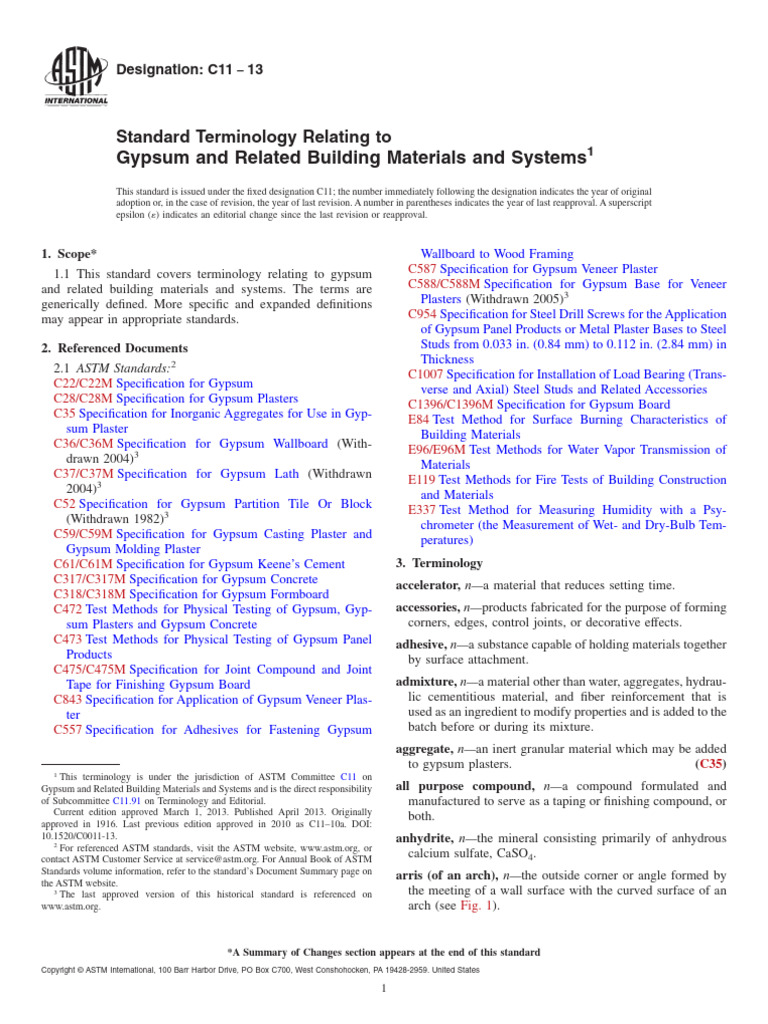 Gypsum Terminology Standards C11-13 | PDF | Cement | Plaster