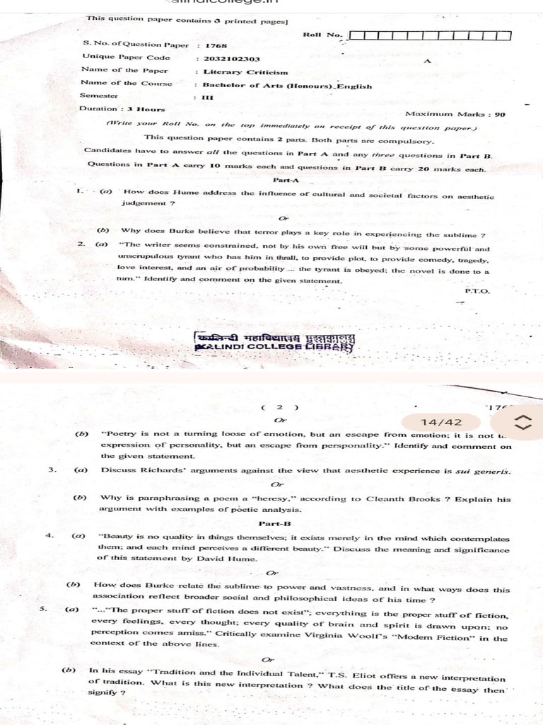 Du Sem 3 Pyq New Litcrit 1768 | PDF | Aesthetics | Liberal Arts Education