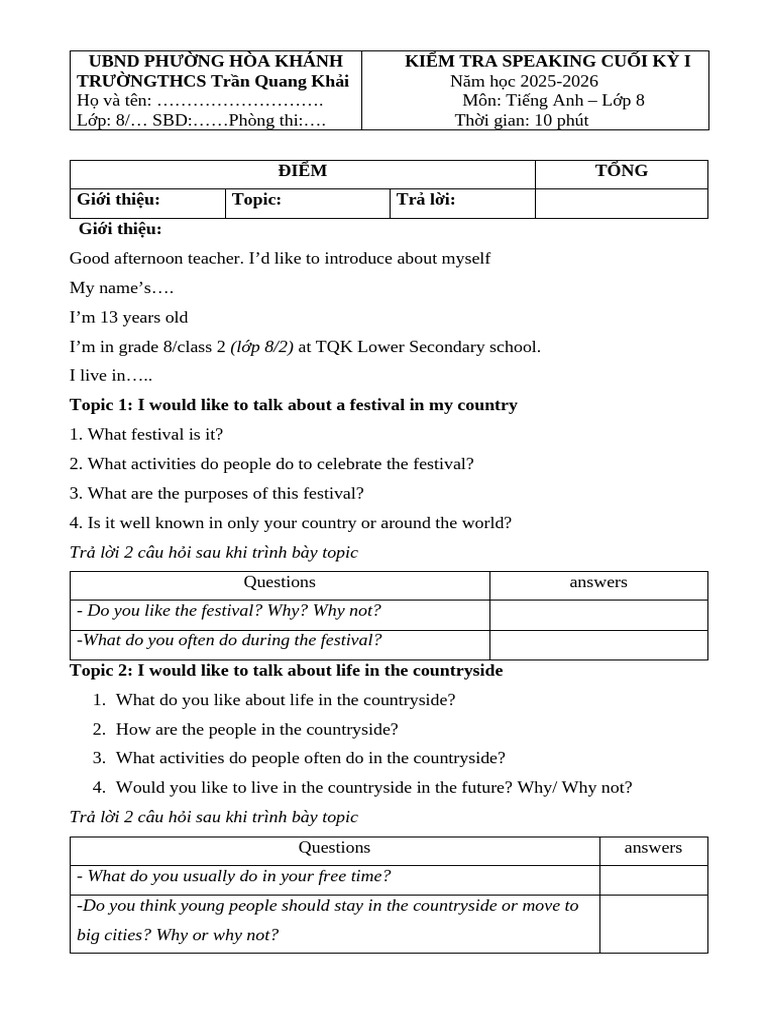 Grade 8 Speaking (2025-2026) | PDF