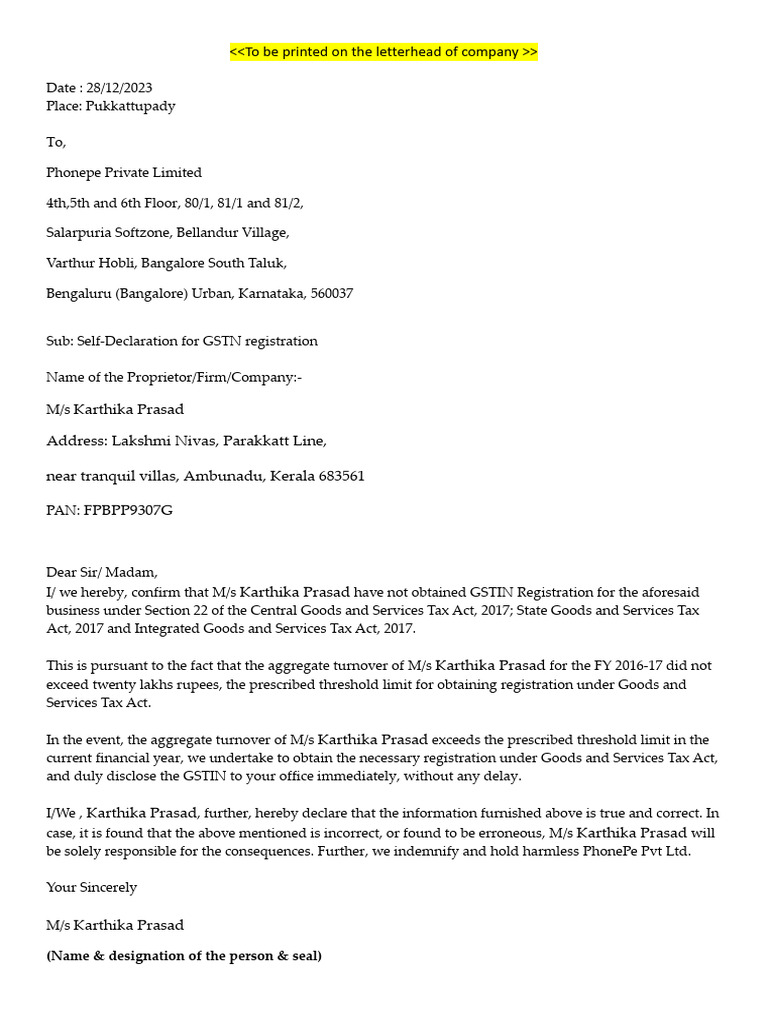 GSTN Registration Self-Declaration Letter | PDF