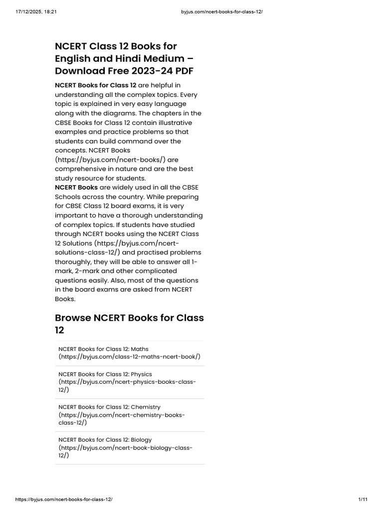 Free NCERT Class 12 Books PDF Download | PDF | Electric Current ...