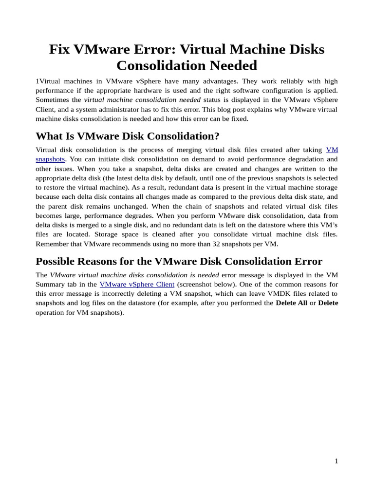 Fix VMware Error_ Virtual Machine Disks Consolidation Needed | PDF ...