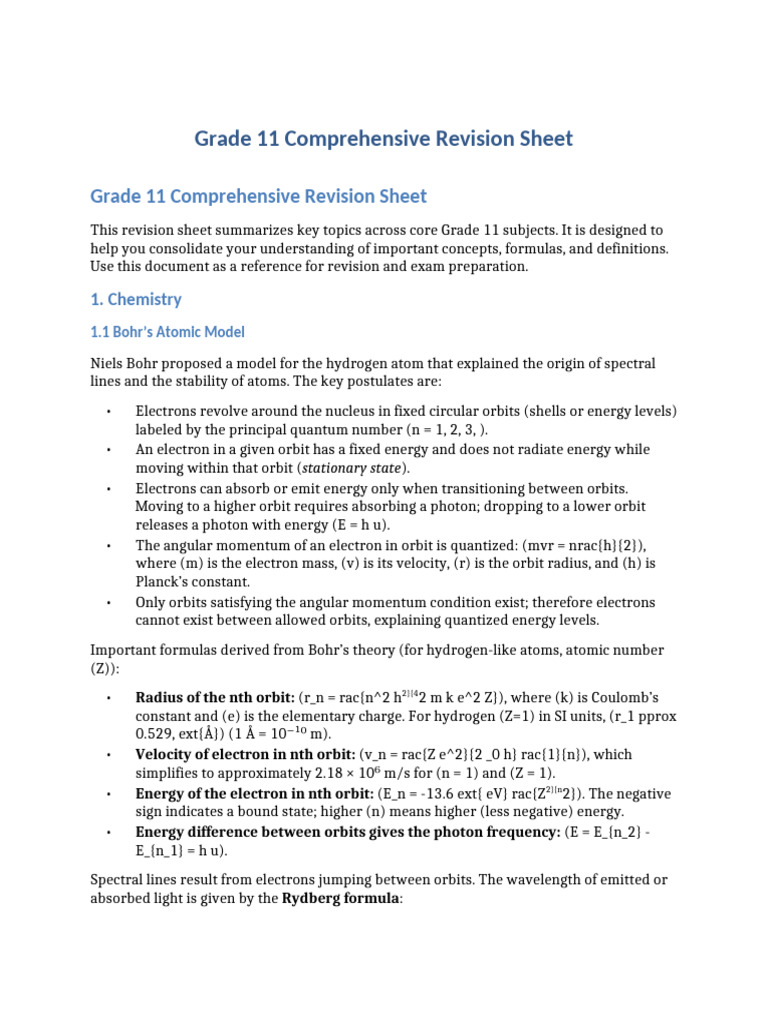Grade 11 Revision Guide: Key Concepts | PDF | Chemical Bond | Atoms