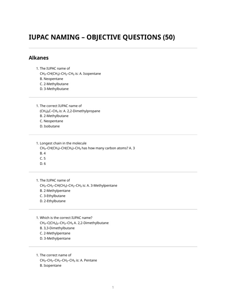 IUPAC Naming Practice Questions | PDF | Alkene | Hydrocarbons