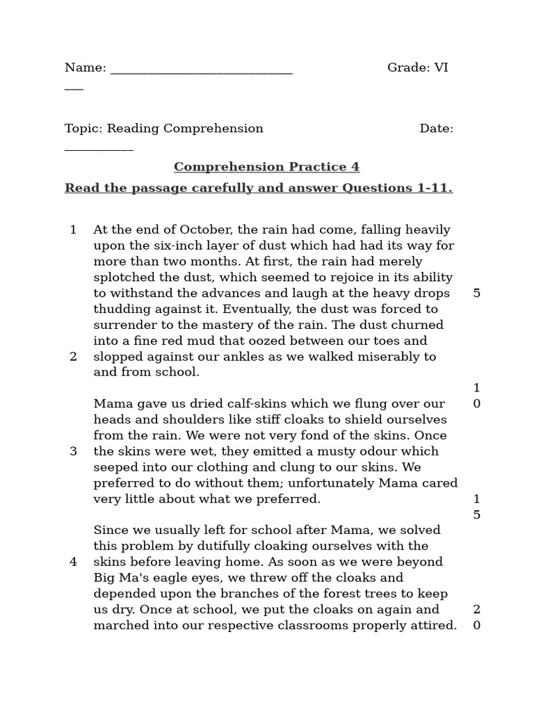 Grade VI Reading Comprehension Practice | PDF