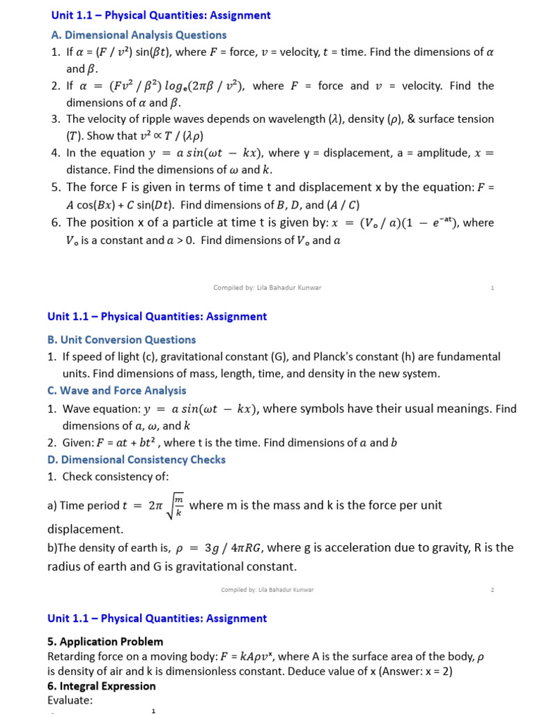 Unit 1 Physical Quantities (Assignment) | PDF | Waves | Force