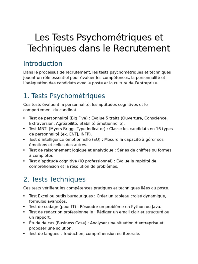 Tests Psychométriques et Techniques en Recrutement | PDF | Test ...