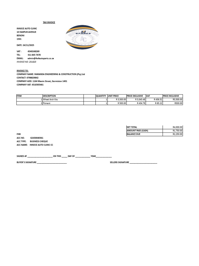 Tax Invoice for FAMANDA Engineering | PDF