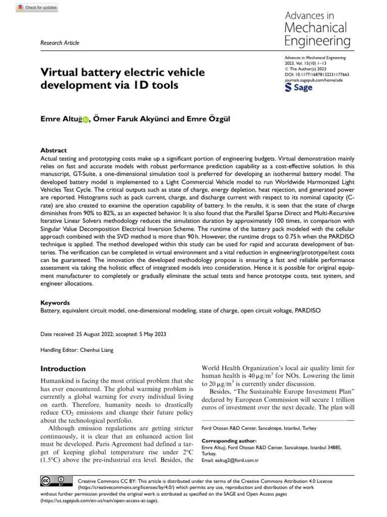 Altuğ Et Al 2023 Virtual Battery Electric Vehicle Development Via 1d ...